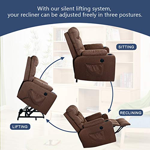 Esright Power Lift Chair Electric Recliner for Elderly Heated Vibration Massage Fabric Sofa Motorized Living Room Chair with Side Pocket and Cup Holders, USB Charge Port&Massage Remote Control, Brown