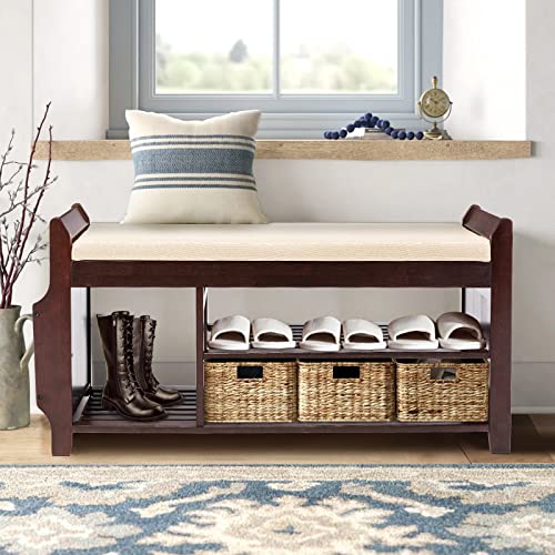 Nnewvante Large Shoe Bench Rack Shoe Organizer with Storage Basket Side Drawer Bamboo Removable Padded Cushion Seat for Entryway Hallway Living Room Bathroom-37.4in