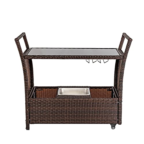 Walnut Outdoor Patio Furniture Set Outdoor Patio Wicker Rattan Serving Bar Cart with Ice Bucket Wine Rack Brown