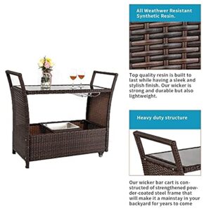 Walnut Outdoor Patio Furniture Set Outdoor Patio Wicker Rattan Serving Bar Cart with Ice Bucket Wine Rack Brown