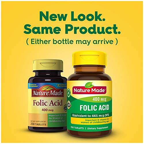 Nature Made Folic Acid 400 mcg (665 mcg DFE), Dietary Supplement for Nervous System Function, 250 Tablets, 250 Day Supply