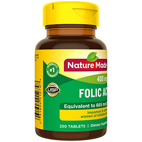 Nature Made Folic Acid 400 mcg (665 mcg DFE), Dietary Supplement for Nervous System Function, 250 Tablets, 250 Day Supply