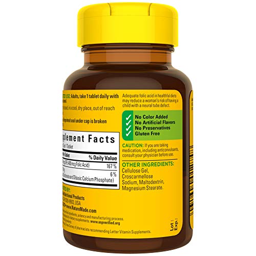 Nature Made Folic Acid 400 mcg (665 mcg DFE), Dietary Supplement for Nervous System Function, 250 Tablets, 250 Day Supply