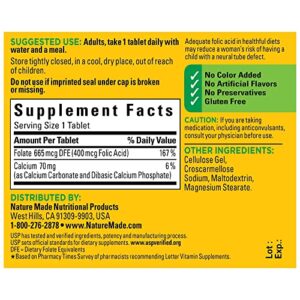 Nature Made Folic Acid 400 mcg (665 mcg DFE), Dietary Supplement for Nervous System Function, 250 Tablets, 250 Day Supply