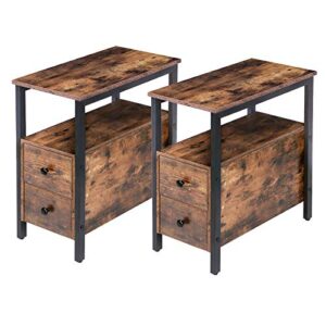 hoobro end table, set of 2, recliner side table with 2 drawer and open shelf, narrow nightstand for small space, in living room, bedroom, wood look accent table, rustic brown and black bf54bzp201g1