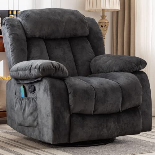 CANMOV Massage Swivel Rocker Recliner Chair with Heat and Vibration, 360 Degree Swivel Manual Recliners Antiskid Fabric Single Sofa Heavy Duty Reclining Chair for Living Room, Grey