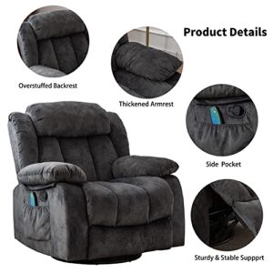 CANMOV Massage Swivel Rocker Recliner Chair with Heat and Vibration, 360 Degree Swivel Manual Recliners Antiskid Fabric Single Sofa Heavy Duty Reclining Chair for Living Room, Grey