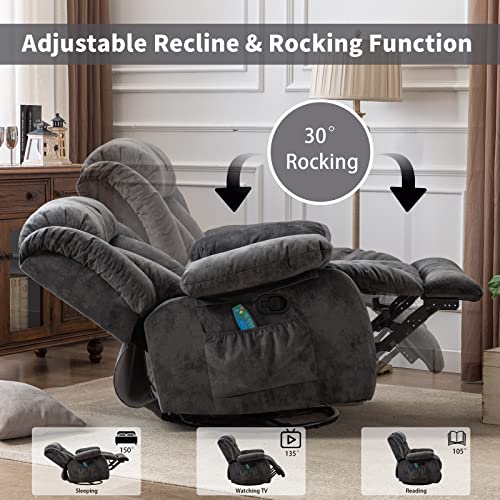 CANMOV Massage Swivel Rocker Recliner Chair with Heat and Vibration, 360 Degree Swivel Manual Recliners Antiskid Fabric Single Sofa Heavy Duty Reclining Chair for Living Room, Grey