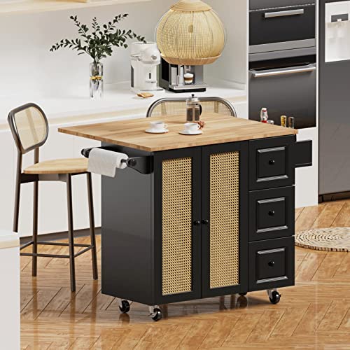 cozeum Portable Kitchen Island on Wheels with Wood Drop Leaf Countertop, 45" Rolling Kitchen Island Cart with Storage Cabinet, 3 Drawer, Rattan Door Style Cabinet, Spice Rack, Towel Bar, Black