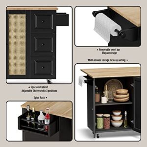 cozeum Portable Kitchen Island on Wheels with Wood Drop Leaf Countertop, 45" Rolling Kitchen Island Cart with Storage Cabinet, 3 Drawer, Rattan Door Style Cabinet, Spice Rack, Towel Bar, Black