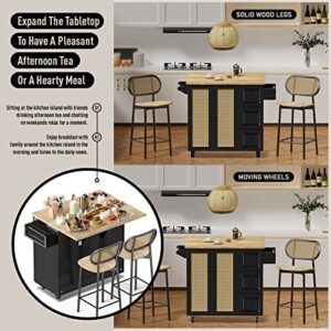 cozeum Portable Kitchen Island on Wheels with Wood Drop Leaf Countertop, 45" Rolling Kitchen Island Cart with Storage Cabinet, 3 Drawer, Rattan Door Style Cabinet, Spice Rack, Towel Bar, Black