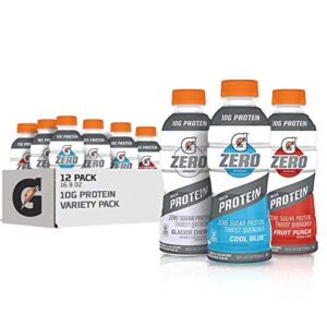 gatorade zero with protein, 10g whey protein isolate, zero sugar, electrolytes, 3 flavor variety pack, 16.9 fl oz, 12 pack