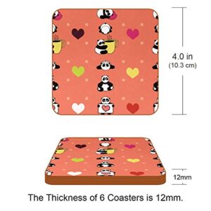 Funny Sleepy Panda Coffee and Hearts Pattern Coasters for Drinks, Set of 6, Coasters for Coffee Mugs Cups Beer Wine Bottle Cocktail Desk Prevent Furniture from Dirty and Scratched