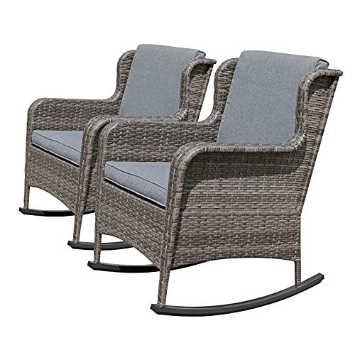 Soleil Jardin Outdoor Resin Wicker Rocking Chair with Cushions, Patio Yard Furniture Club Rocker Chair, Gray Wicker & Gray Cushions,Set of 2