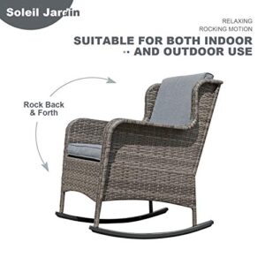 Soleil Jardin Outdoor Resin Wicker Rocking Chair with Cushions, Patio Yard Furniture Club Rocker Chair, Gray Wicker & Gray Cushions,Set of 2