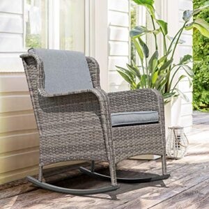 Soleil Jardin Outdoor Resin Wicker Rocking Chair with Cushions, Patio Yard Furniture Club Rocker Chair, Gray Wicker & Gray Cushions,Set of 2