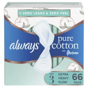 always pure cotton feminine pads for women, size 3, extra heavy flow, with wings, unscented, free of dyes, fragrances, and chlorine bleaching, 22 count x 3 packs (66 count total)