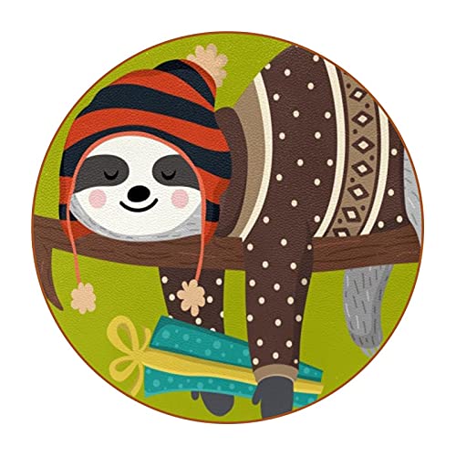 Coasters for Drinks Sleepy Sloth with Hat Leather Round Mug Cup Pad Mat for Protect Furniture, Heat Resistant, Kitchen Bar Decor, Set of 6