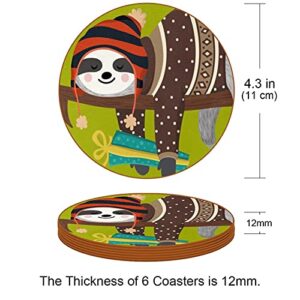 Coasters for Drinks Sleepy Sloth with Hat Leather Round Mug Cup Pad Mat for Protect Furniture, Heat Resistant, Kitchen Bar Decor, Set of 6