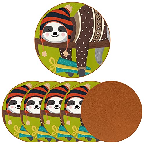 Coasters for Drinks Sleepy Sloth with Hat Leather Round Mug Cup Pad Mat for Protect Furniture, Heat Resistant, Kitchen Bar Decor, Set of 6