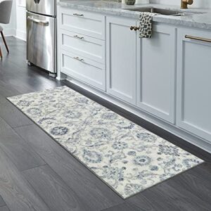 maples rugs blooming damask non slip runner rug for hallway entry way floor carpet [made in usa], 2 x 6, grey/blue