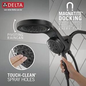 Delta Faucet HydroRain 2-in-1 Matte Black Rain Shower Head with 5-Spray In2ition Dual Shower Head with Handheld Spray, H2Okinetic Matte Black Shower Head with Hose, Matte Black 58680-BL25