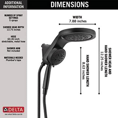 Delta Faucet HydroRain 2-in-1 Matte Black Rain Shower Head with 5-Spray In2ition Dual Shower Head with Handheld Spray, H2Okinetic Matte Black Shower Head with Hose, Matte Black 58680-BL25