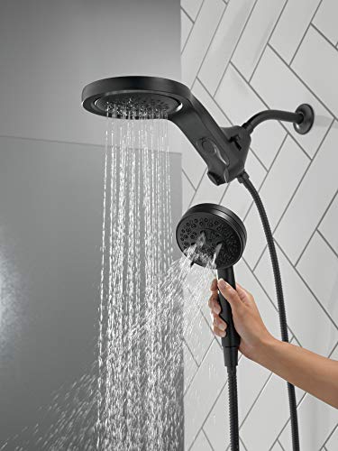 Delta Faucet HydroRain 2-in-1 Matte Black Rain Shower Head with 5-Spray In2ition Dual Shower Head with Handheld Spray, H2Okinetic Matte Black Shower Head with Hose, Matte Black 58680-BL25