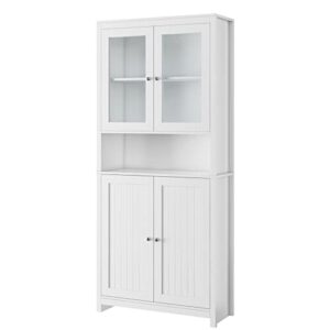 FOTOSOK Kitchen Pantry Cabinet, 74.6'' Freestanding Kitchen Cupboard Storage Cabinet with Doors and Shelves, Tall Bookcase with Doors Kitchen Cabinet for Dining Room, Living Room, White