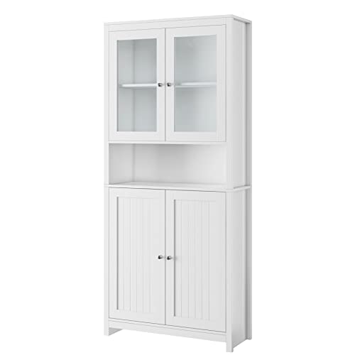 FOTOSOK Kitchen Pantry Cabinet, 74.6'' Freestanding Kitchen Cupboard Storage Cabinet with Doors and Shelves, Tall Bookcase with Doors Kitchen Cabinet for Dining Room, Living Room, White