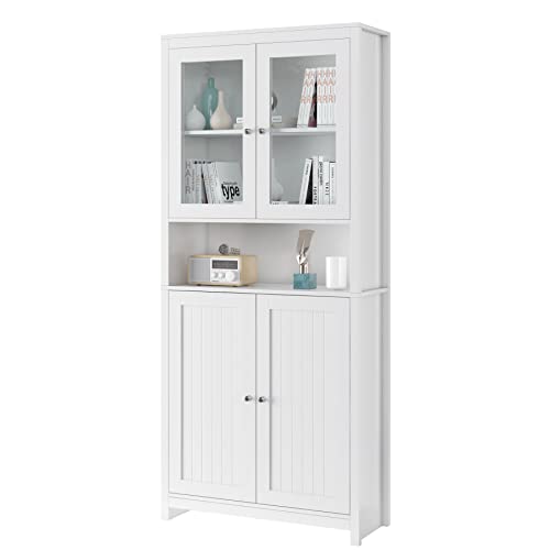 FOTOSOK Kitchen Pantry Cabinet, 74.6'' Freestanding Kitchen Cupboard Storage Cabinet with Doors and Shelves, Tall Bookcase with Doors Kitchen Cabinet for Dining Room, Living Room, White