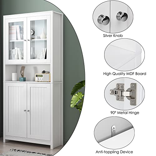 FOTOSOK Kitchen Pantry Cabinet, 74.6'' Freestanding Kitchen Cupboard Storage Cabinet with Doors and Shelves, Tall Bookcase with Doors Kitchen Cabinet for Dining Room, Living Room, White