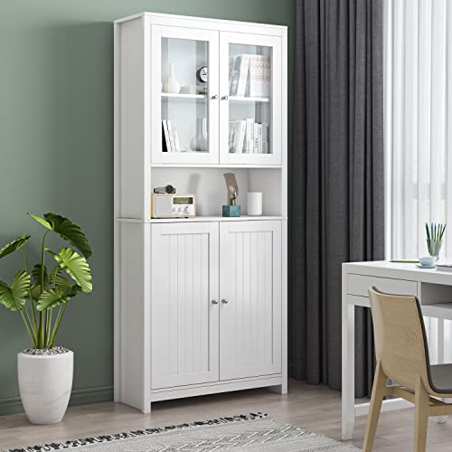 FOTOSOK Kitchen Pantry Cabinet, 74.6'' Freestanding Kitchen Cupboard Storage Cabinet with Doors and Shelves, Tall Bookcase with Doors Kitchen Cabinet for Dining Room, Living Room, White