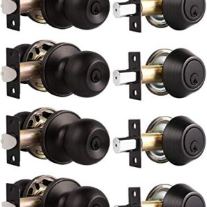 4 Pack Keyed Entry Door Knob and Single Cylinder Deadbolt Set, Keyed Alike Exterior Knob with Lock and Deadbolt for Office and Front Door, Classic Locking Door Knob, Oil Rubbed Bronze