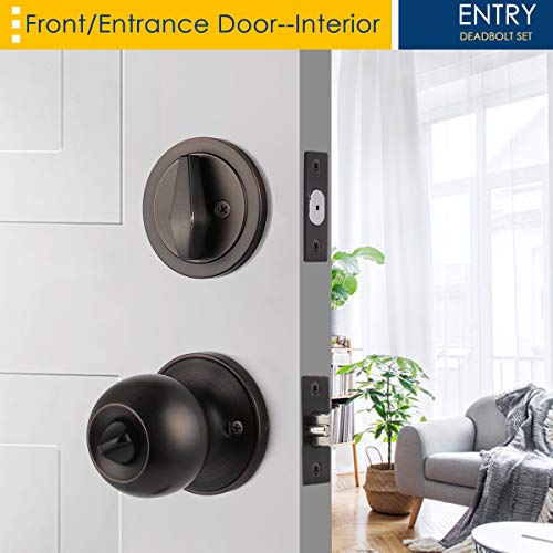 4 Pack Keyed Entry Door Knob and Single Cylinder Deadbolt Set, Keyed Alike Exterior Knob with Lock and Deadbolt for Office and Front Door, Classic Locking Door Knob, Oil Rubbed Bronze