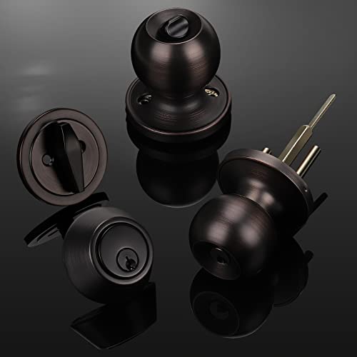 4 Pack Keyed Entry Door Knob and Single Cylinder Deadbolt Set, Keyed Alike Exterior Knob with Lock and Deadbolt for Office and Front Door, Classic Locking Door Knob, Oil Rubbed Bronze