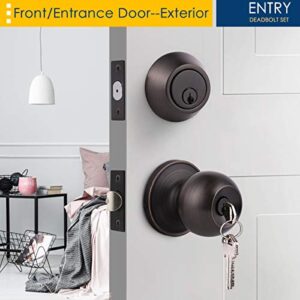 4 Pack Keyed Entry Door Knob and Single Cylinder Deadbolt Set, Keyed Alike Exterior Knob with Lock and Deadbolt for Office and Front Door, Classic Locking Door Knob, Oil Rubbed Bronze