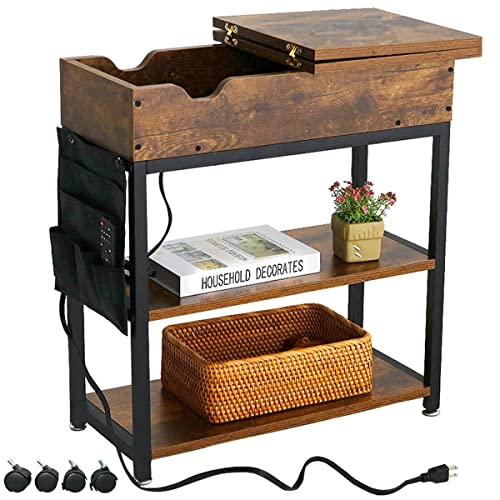 SJIE End Table with Charging Station, Flip Top Side Table with USB Ports and Outlets, Bedside Nightstands with Storage Shelf, Fabric Bag for Small Spaces,Living Room,Bedroom,Rustic Brown