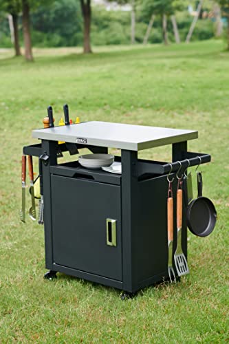 NUUK Deluxe Outdoor Rolling Prep Station, 20" x 30" Stainless Steel Kitchen Storage Island with Enclosed Cabinet and Storage Drawer