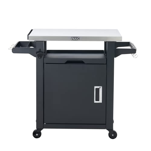 NUUK Deluxe Outdoor Rolling Prep Station, 20" x 30" Stainless Steel Kitchen Storage Island with Enclosed Cabinet and Storage Drawer