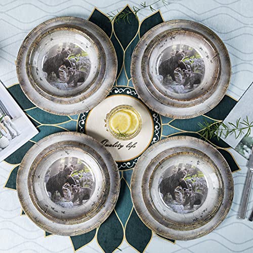 Melamine Dinnerware set for 4 - Dinner Plates Bowls Set 12 PCS Durable BPA Free Dishwasher Safe Shatter-Proof Chip Resistant for Indoor Outdoor, Bear