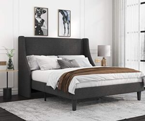 allewie full size bed frame, platform bed frame with upholstered headboard, modern deluxe wingback, wood slat support, mattress foundation, dark grey