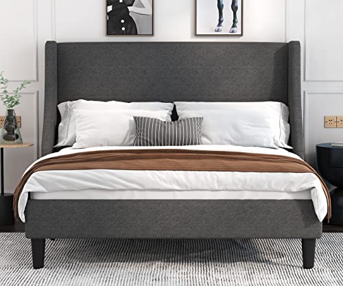 Allewie Full Size Bed Frame, Platform Bed Frame with Upholstered Headboard, Modern Deluxe Wingback, Wood Slat Support, Mattress Foundation, Dark Grey