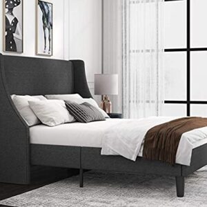 Allewie Full Size Bed Frame, Platform Bed Frame with Upholstered Headboard, Modern Deluxe Wingback, Wood Slat Support, Mattress Foundation, Dark Grey