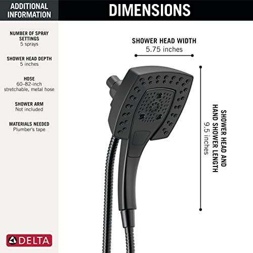 Delta Faucet 5-Spray In2ition Dual Matte Black Shower Head with HandHeld Spray, H2Okinetic Shower Head with Hose, Showerheads, Magnetic Docking, Matte Black 58474-BL25