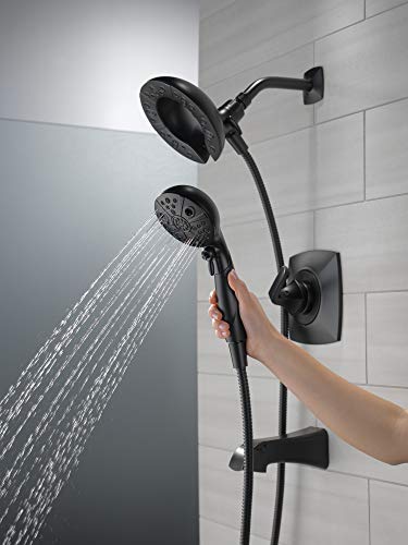 Delta Faucet Vesna 14 Series Single-Handle Shower Trim Kit with 5-Spray H2Okinetic In2ition Dual Hand Held Shower Head with Hose, Matte Black 144789-BL-I (Valve Included)