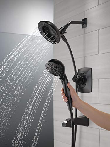 Delta Faucet Vesna 14 Series Single-Handle Shower Trim Kit with 5-Spray H2Okinetic In2ition Dual Hand Held Shower Head with Hose, Matte Black 144789-BL-I (Valve Included)