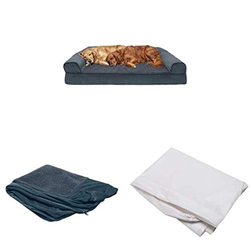 Furhaven Pet Bundle - Jumbo Plus Orion Blue Orthopedic Faux Fleece & Chenille Sofa, Extra Dog Bed Cover, & Water-Resistant Mattress Liner for Dogs & Cats