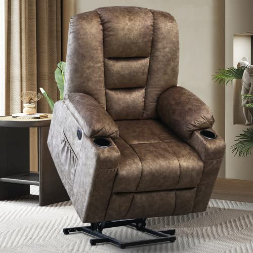 Power Lift Recliner Chair for Elderly Electric Massage Sofa with Heated Vibration,Side Pockets,Cup Holders, USB Ports,Massage Remote Control,Fabric Home Theater Seat Living Room Reclining Bed(Brown A)