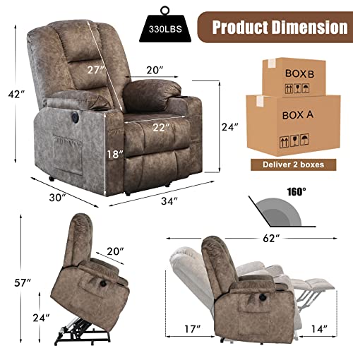 Power Lift Recliner Chair for Elderly Electric Massage Sofa with Heated Vibration,Side Pockets,Cup Holders, USB Ports,Massage Remote Control,Fabric Home Theater Seat Living Room Reclining Bed(Brown A)